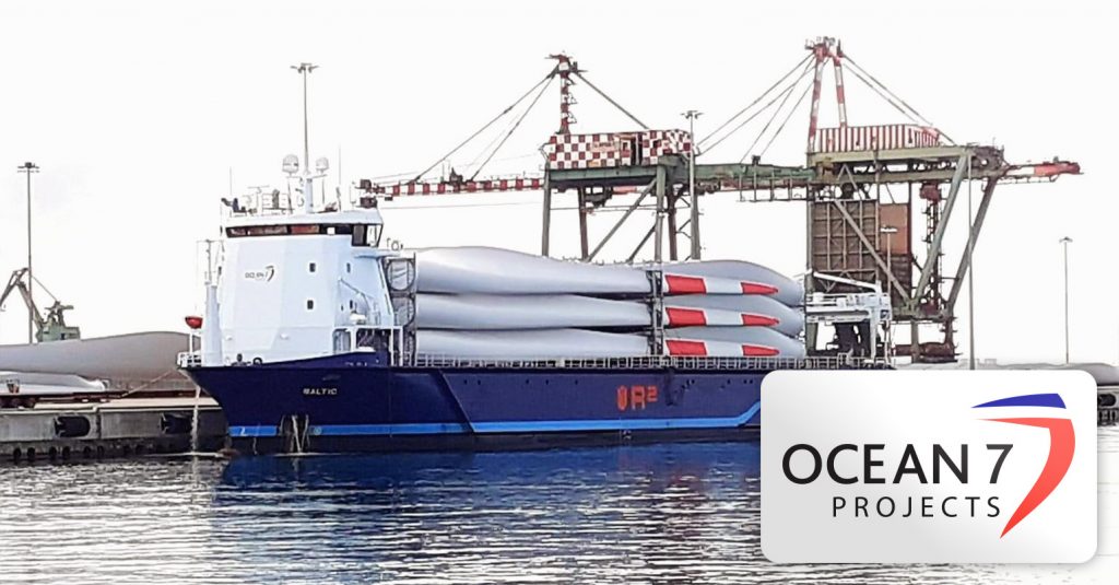 Ocean7 Projects MV BALTIC Pictured with a Full Load of Windturbine Blades - CLC Projects