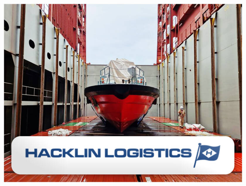 Hacklin Logistics Delivered a Large Workboat via Container Ship on a Bed of Flatracks - CLC Projects